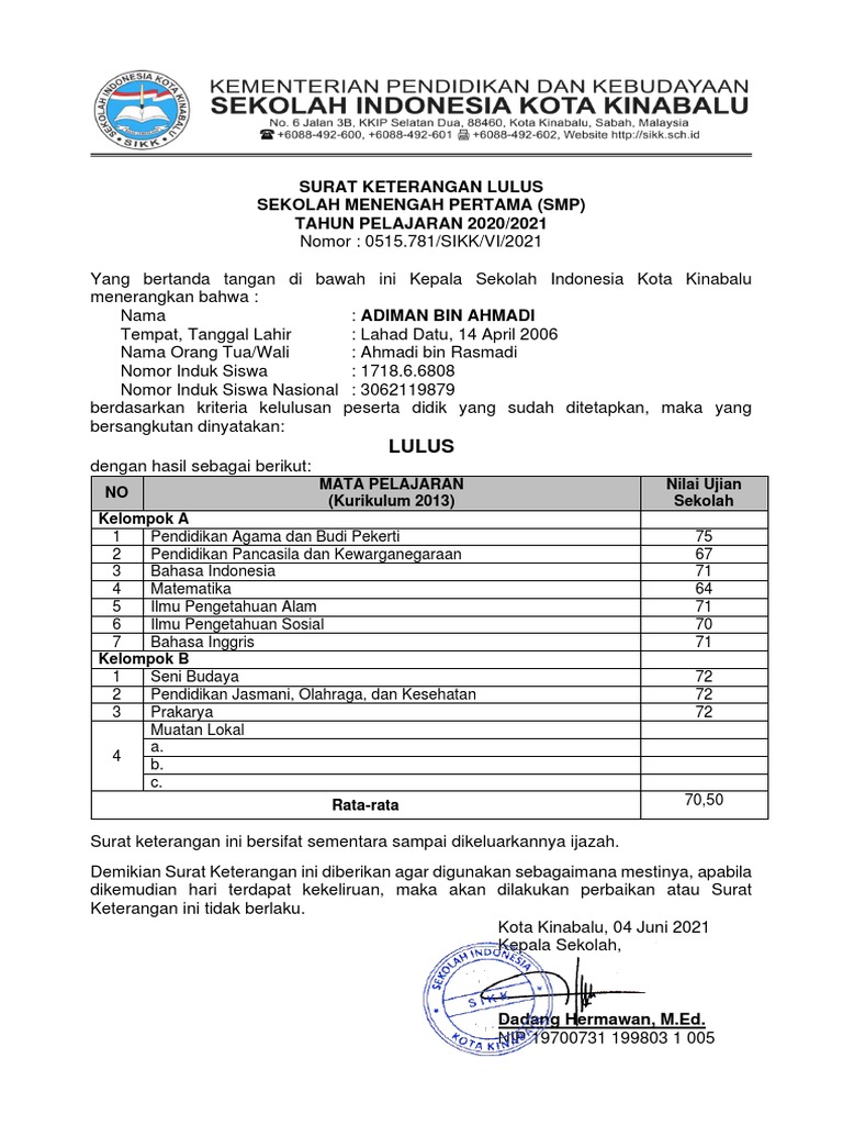 Surat Keterangan Lulus SMP 2021 | PDF