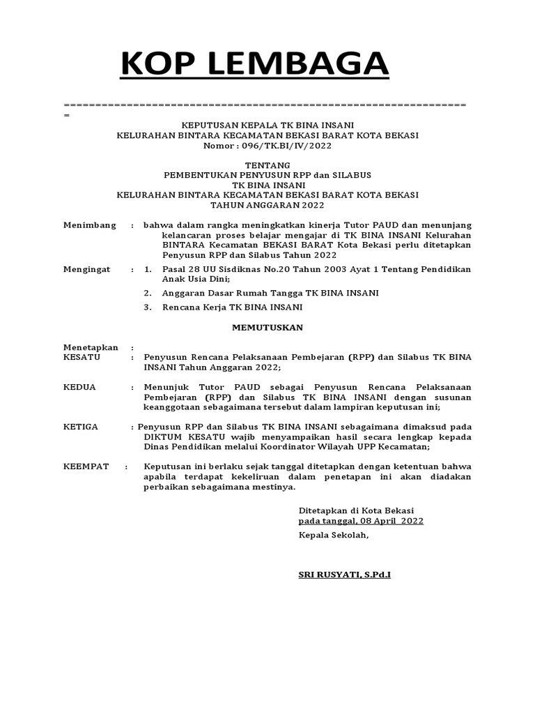 SK Pernyataan Kepsek Dan SK Penyusunan RPP Dan Silabus 2022 | PDF