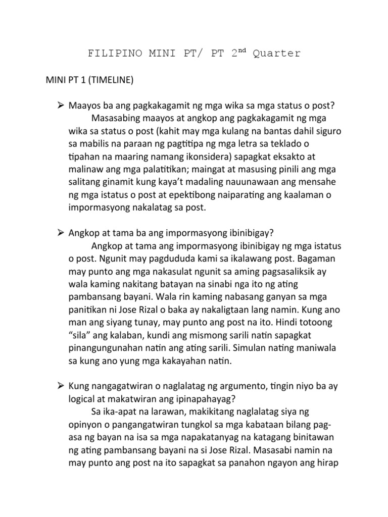 Filipino Mini PT 2nd Quarter | PDF