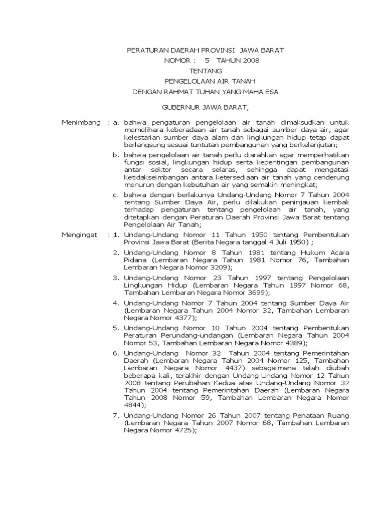 Perda Jabar No 5 Tahun 2008 - PENGELOLAAN AIR TANAH | PDF | Sains & Matematika