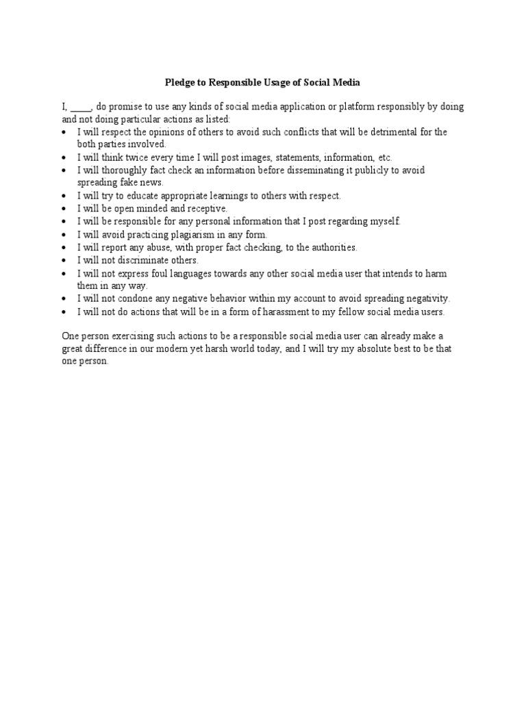 Pledge To Responsible Usage of Social Media GED101 - 1Q2021 | PDF