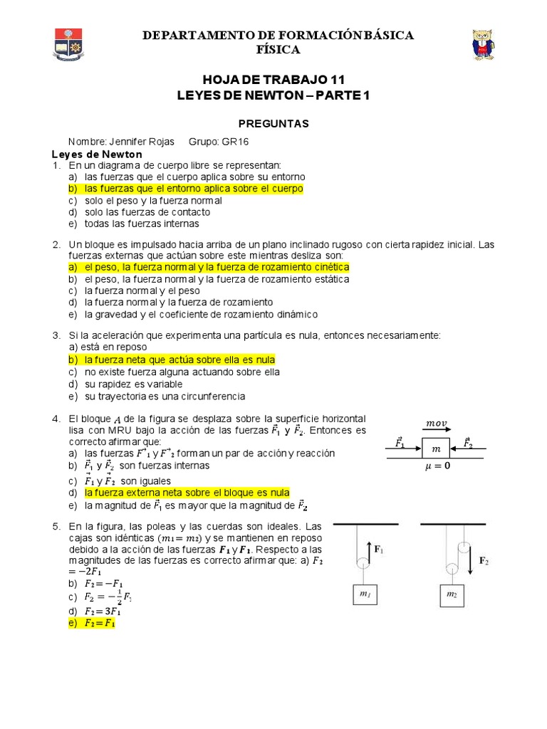 Hoja de Trabajo 11 - Leyes de Newton - JENNIFER R | PDF | Fuerza | Las ...