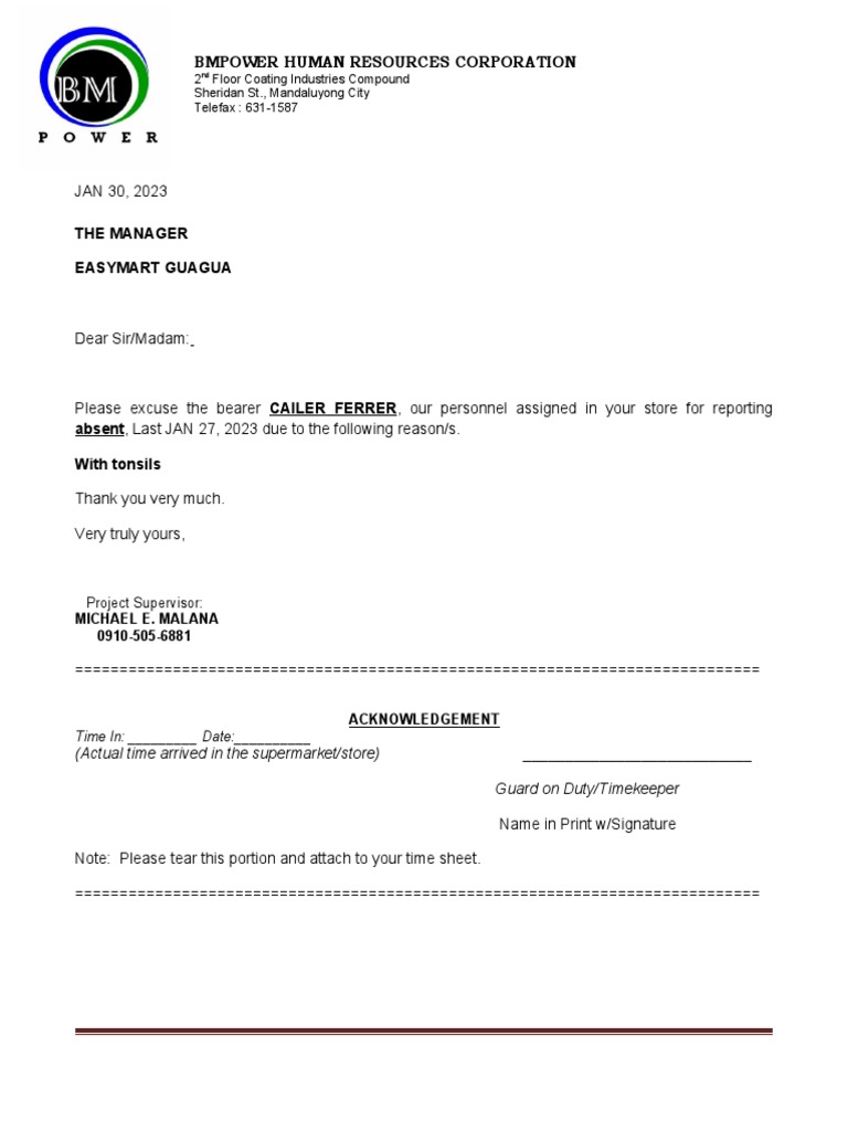 Excuse Letter for Absence Due to Illness | PDF | Finance & Money Management
