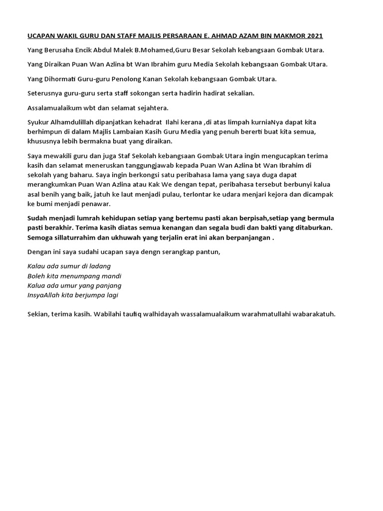 Ucapan Perpisahan Puan Wan Azlina 2021 | PDF