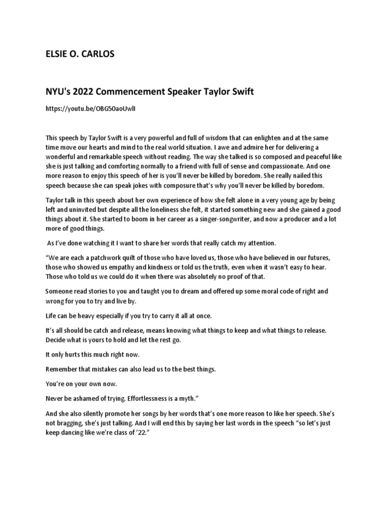 Taylor Swift NYU's 2022 Commencement Speech | PDF