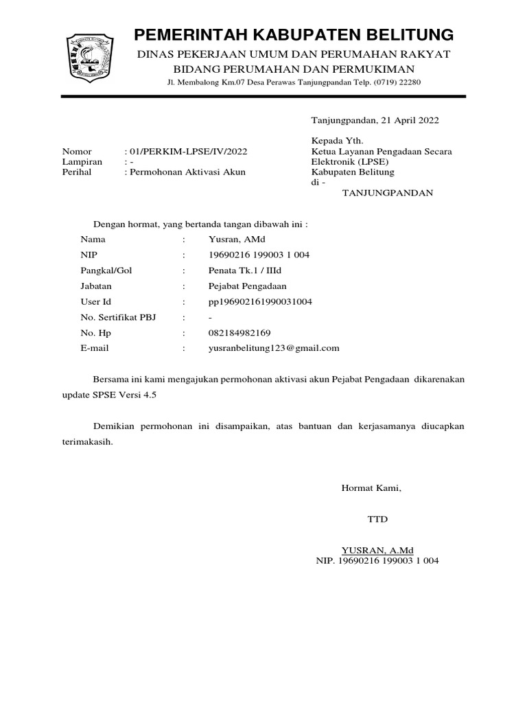 Surat Permohonan Reset Password PP Pak Yusran | PDF