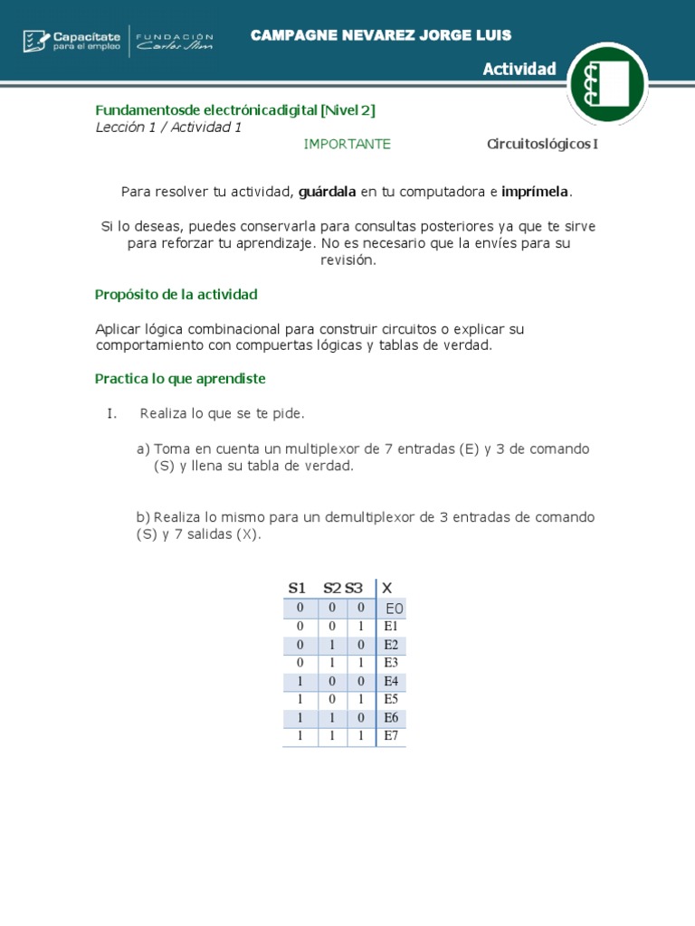 Nivel 1 - Leccion 1 - Actividad 1 | PDF | Electrónica digital | Lógica matemática