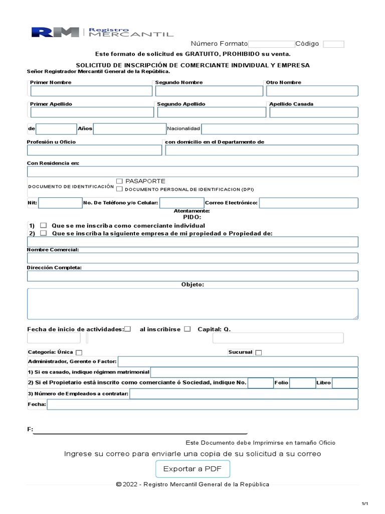 Solicitudes - Solicitud - Inscrip - Comerciante - Individual - Empresa - Relleno | PDF