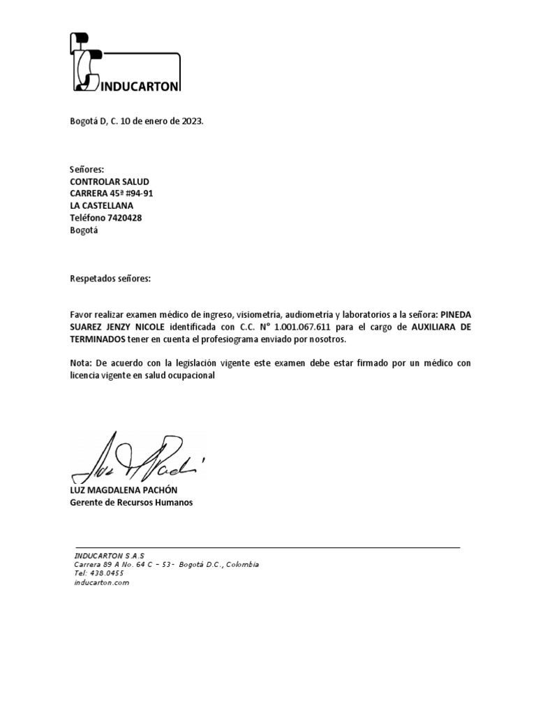 Carta Examen Ingreso Jenzy Pineda | PDF Carta Examen Ingreso Jenzy Pineda | PDF