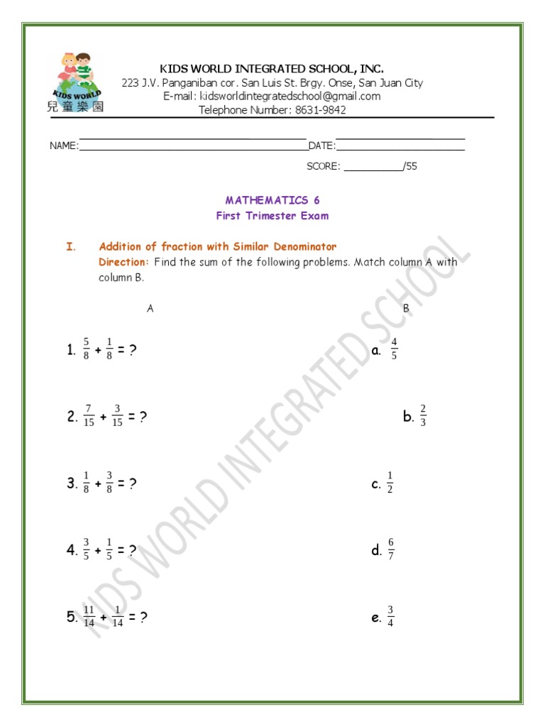 Grade 6 Math Exam | PDF | Division (Mathematics) | Science