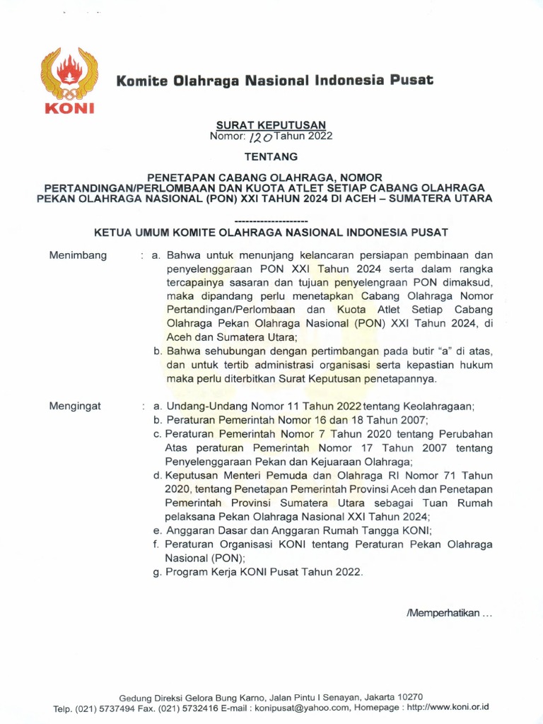 SK 120 Tahun 2022-Penetapan Cabor PON XXI Tahun 2024 Aceh-Sumut | PDF