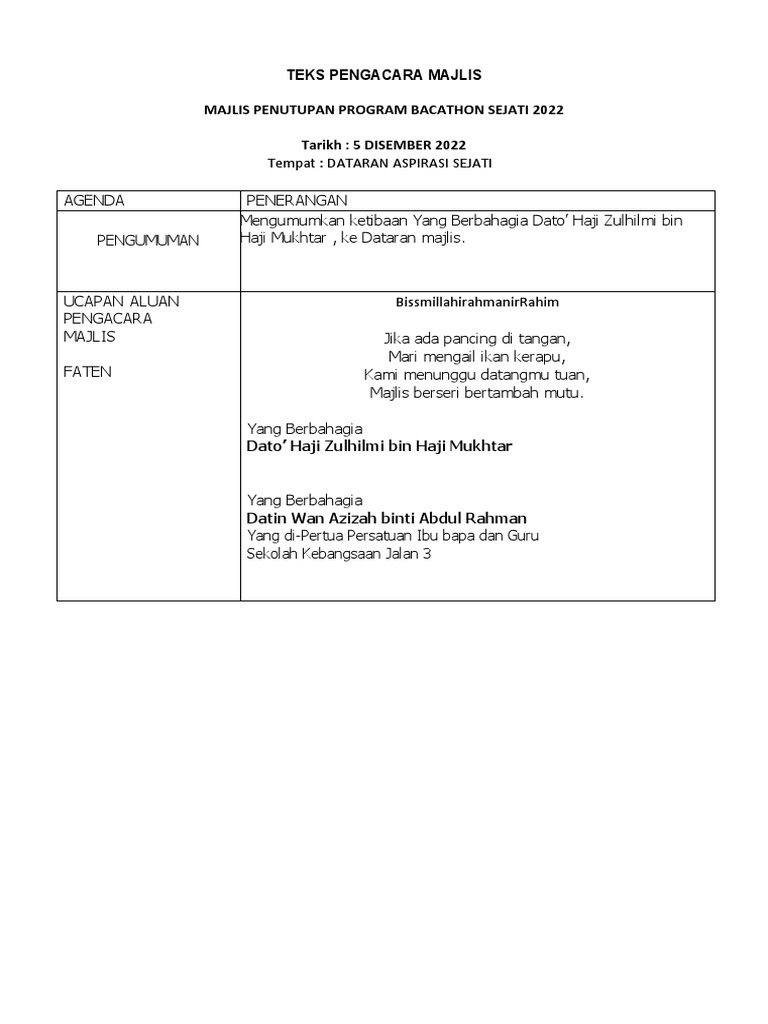 Teks Emcee Program Bacathon 2022 Penutup | PDF