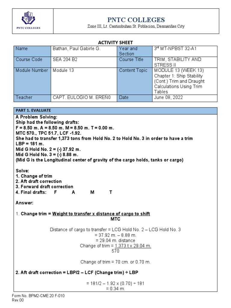 Ship Stability Trim Calculations Guide | PDF | Shipping | Vehicle Technology