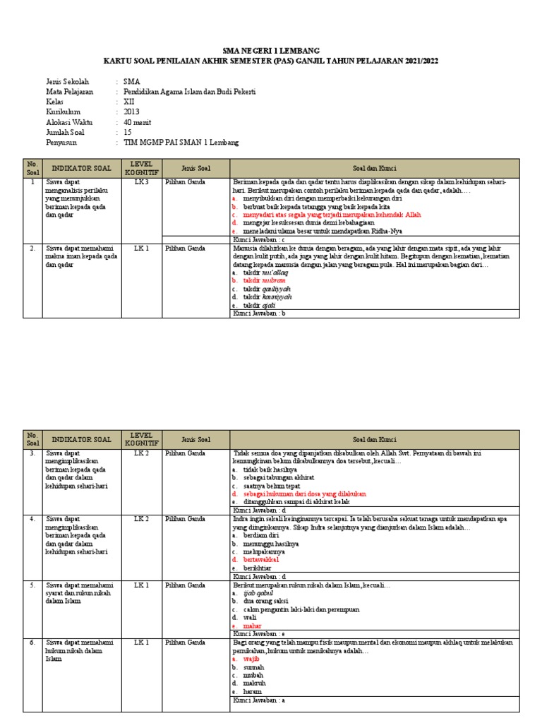 Kartu Soal Pai Xii | PDF
