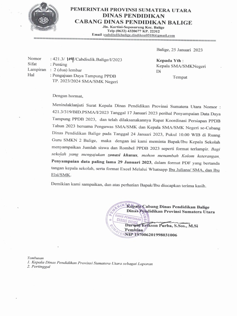 Pengajuan Daya Tampung PPDB TP 2023-2024 SMA-SMK Cabdis Balige | PDF