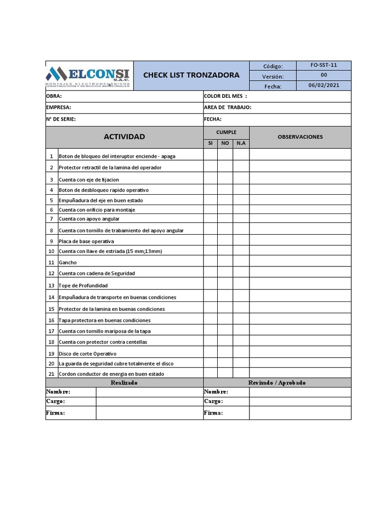 Fo SST 11 - Check List Tronzadora | PDF