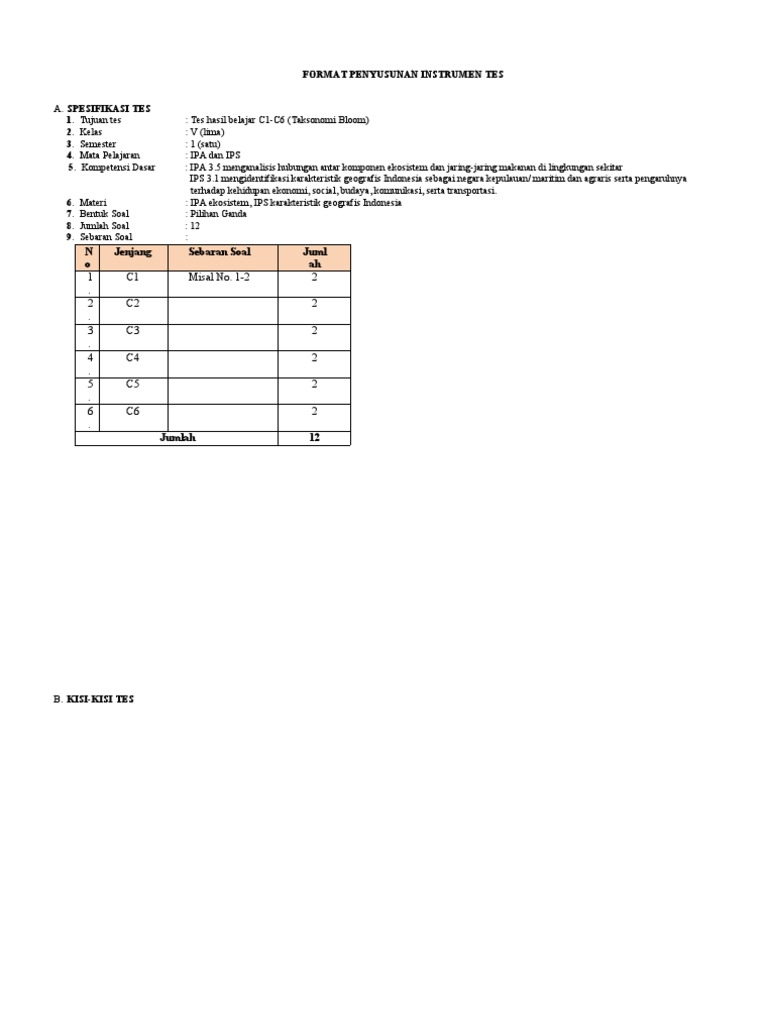 Format Penyusunan Instrumen Tes 1 | PDF