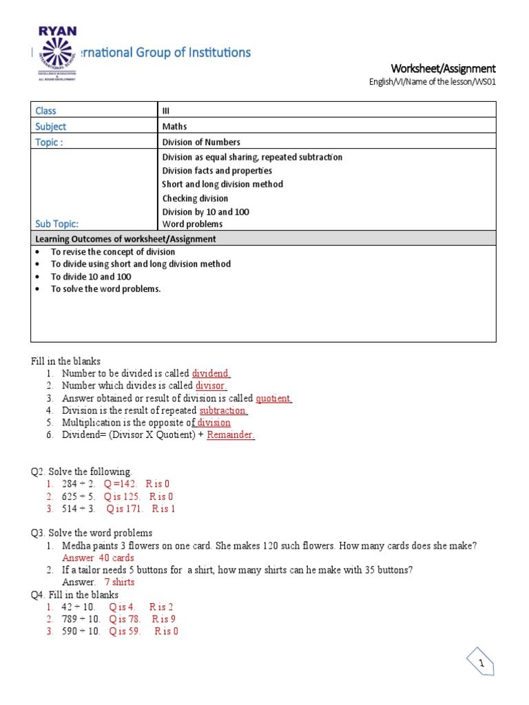Grade 3 Maths: Division Basics Worksheet | PDF
