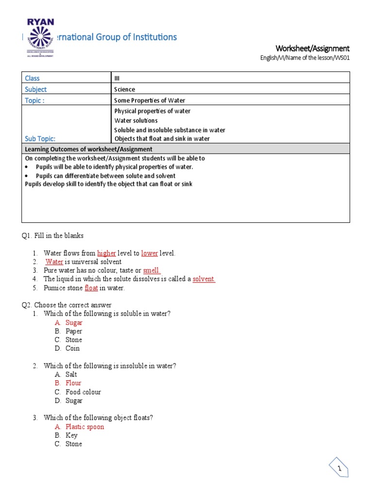 Properties of Water: A Worksheet on the Physical Characteristics and ...