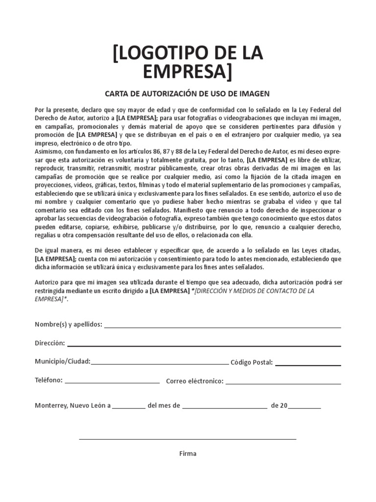 Carta De Autorización De Uso De Imagen Machote Pdf 
