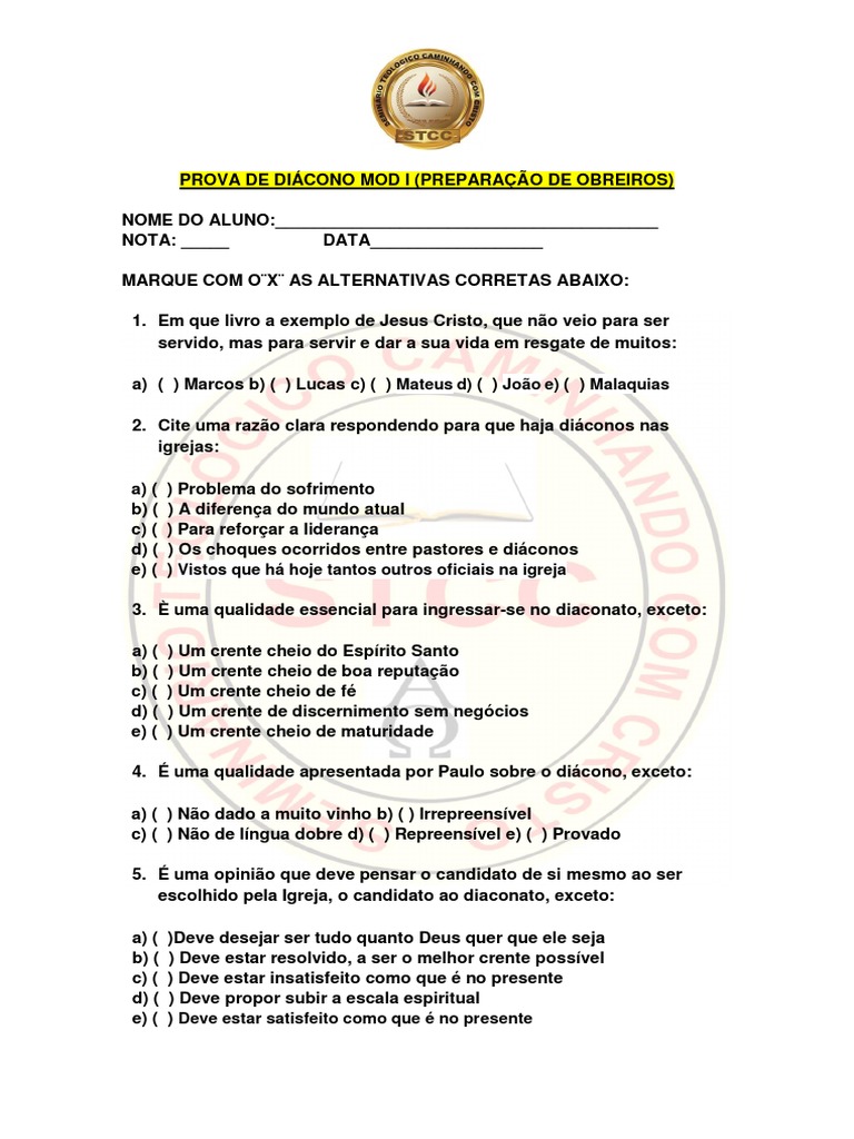 Diácono Mod 1 Prova | PDF | Diácono | Igreja cristã