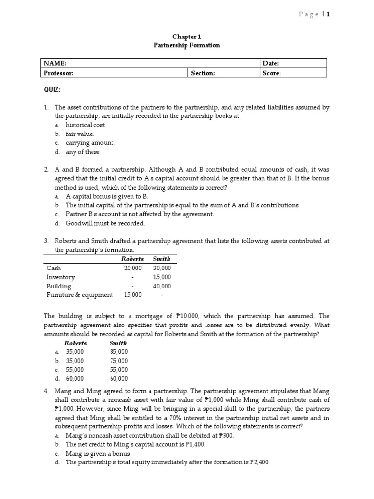 Quiz - Chapter 1 - Partnership Formation - 2021 Edition | PDF ...