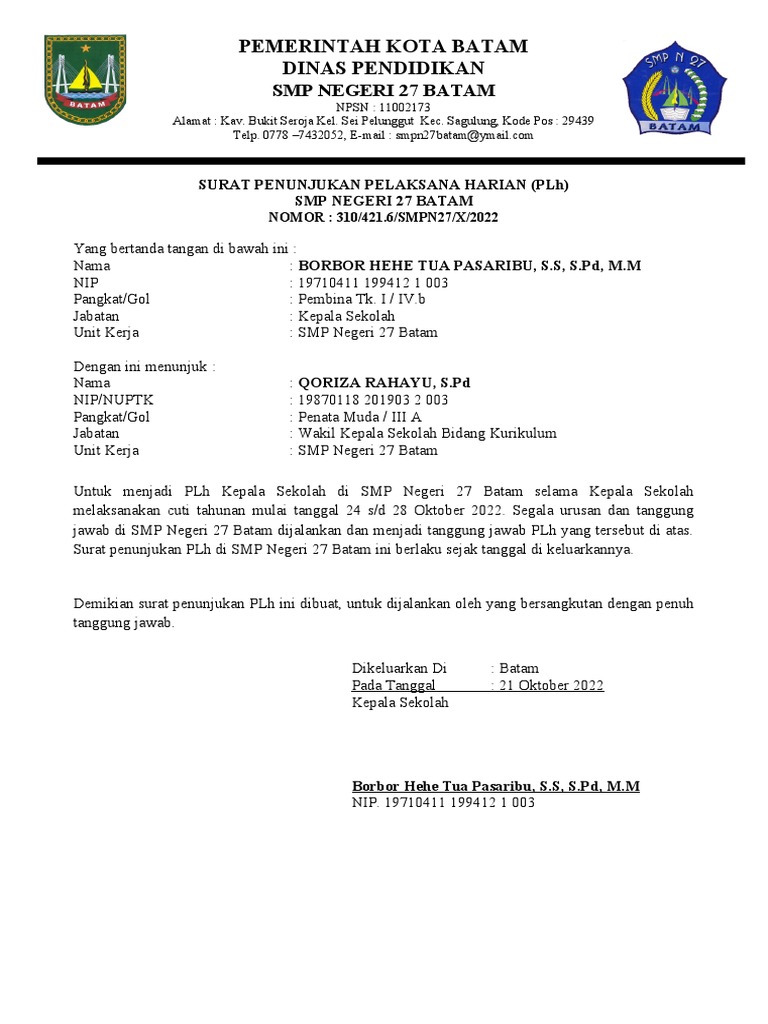 SURAT PELAKSANA HARIAN (PLH) | PDF