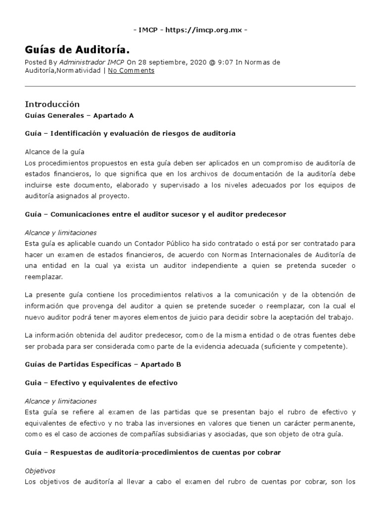 IMCP Guías de Auditoría. - IMCP | PDF | Auditoría | Activo intangible