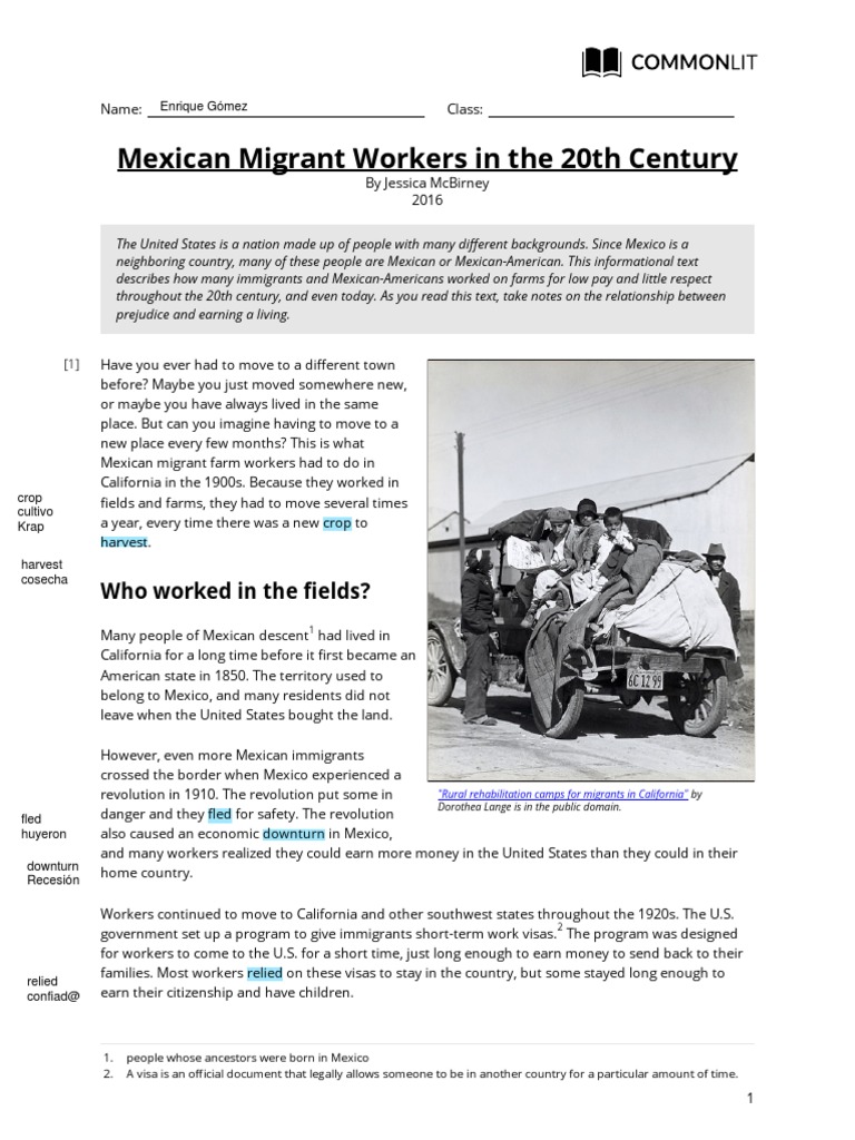 Mexican Migrant Workers in The 20th Century - CommonLit - 7th | PDF ...