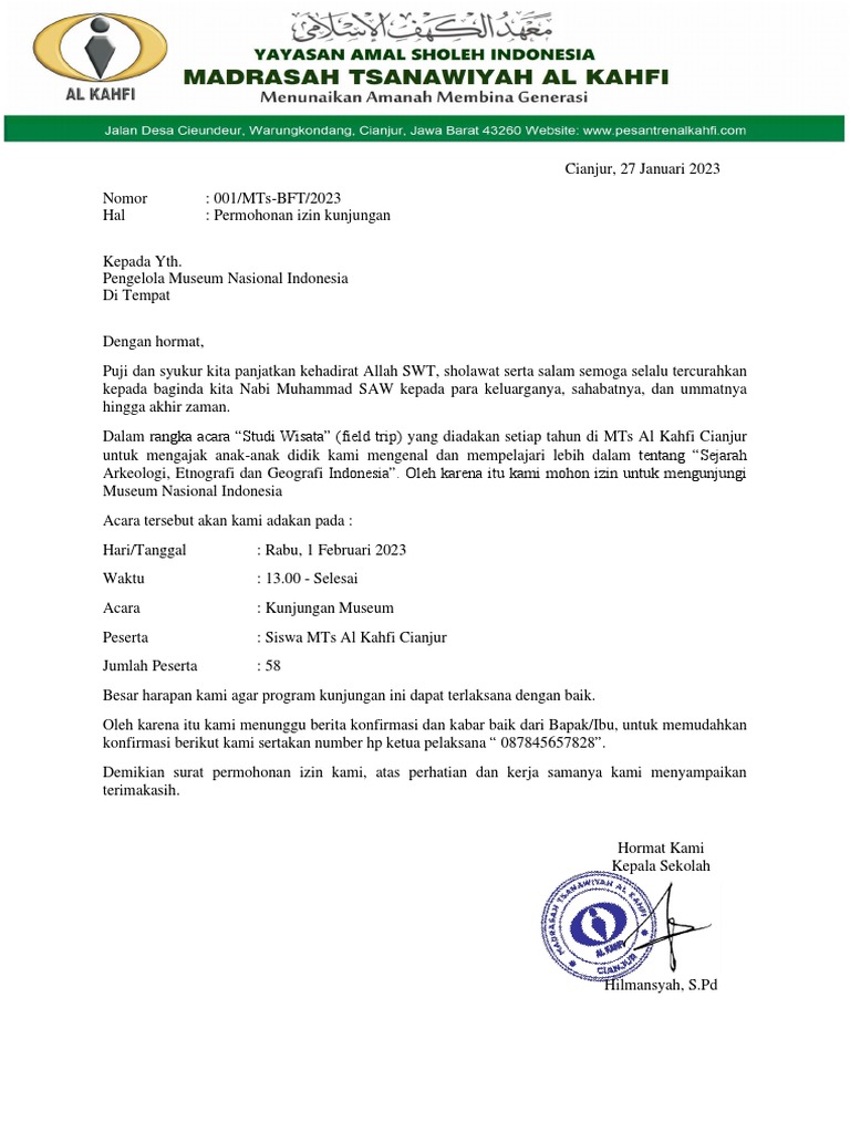 Surat Permohonan Kunjungan Museum Nasional Indonesia | PDF