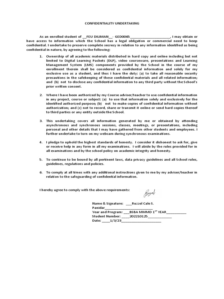 CONFIDENTIALITY UNDERTAKING Word File | PDF | Confidentiality | Information