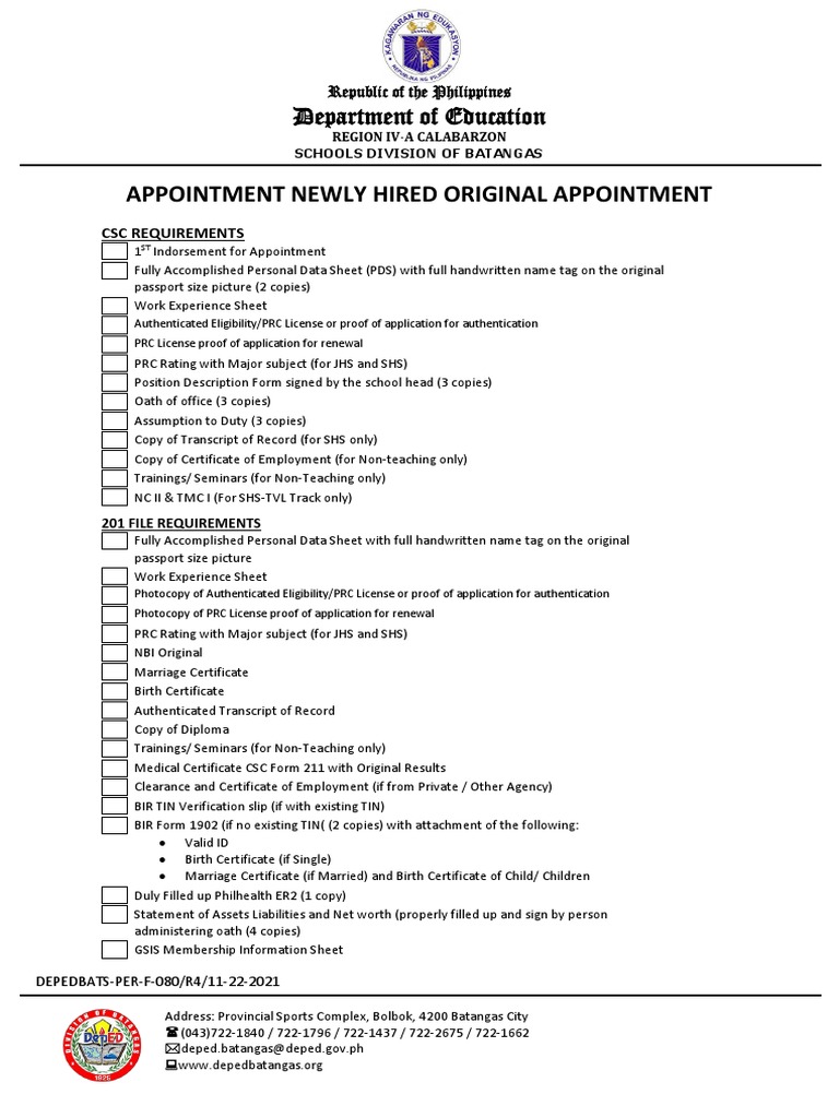 Checklist For Appointment Newly Hired Permanent | PDF | Birth ...