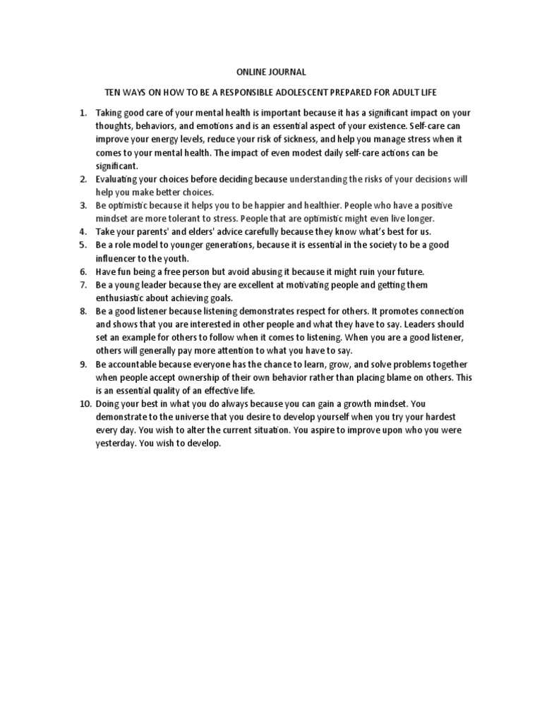 Ten Ways On How To Be A Responsible Adolescent Prepared For Adult Life ...