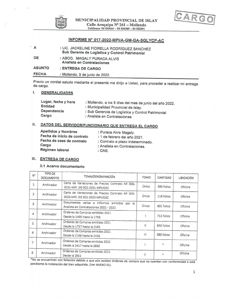 Modelo de Informe de Entrega de Cargo | PDF