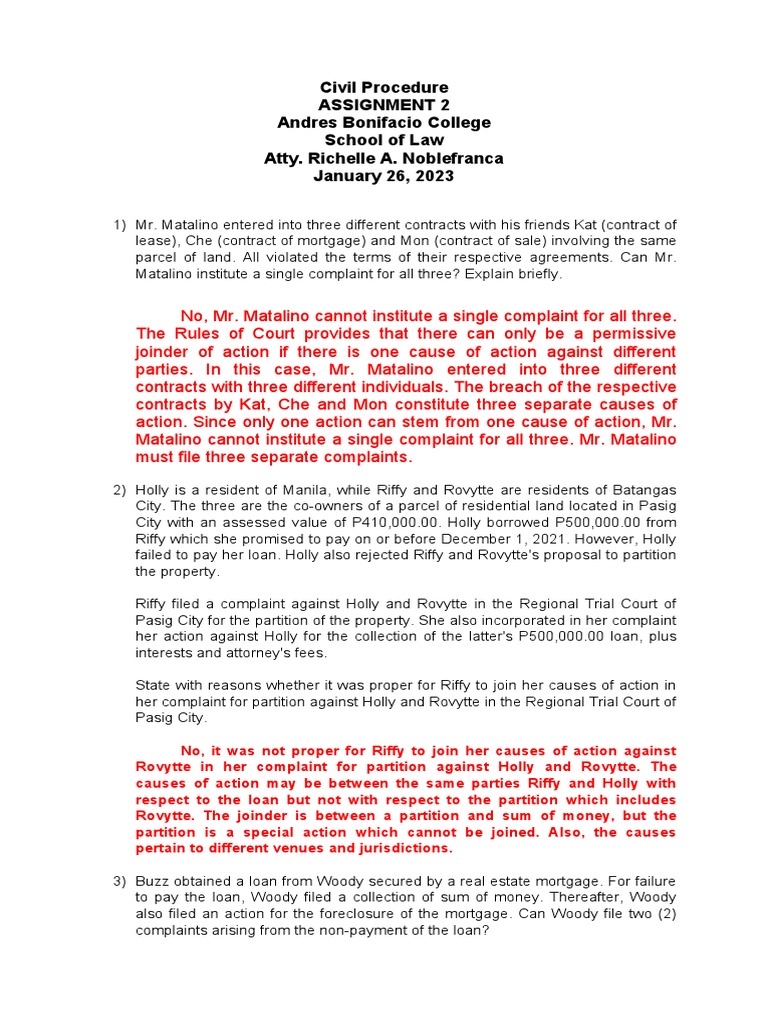 Assignment 2 Answer Key | PDF | Complaint | Cause Of Action