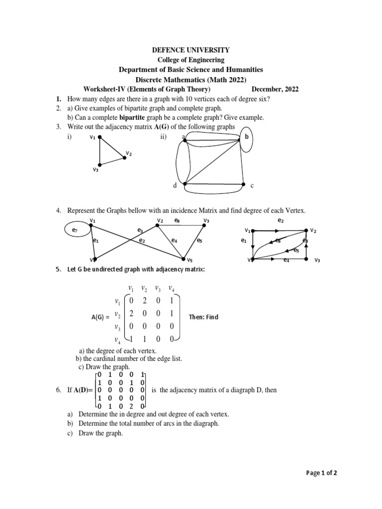 Worksheet VI (Graph Theory) | PDF | Vertex (Graph Theory) | Graph Theory