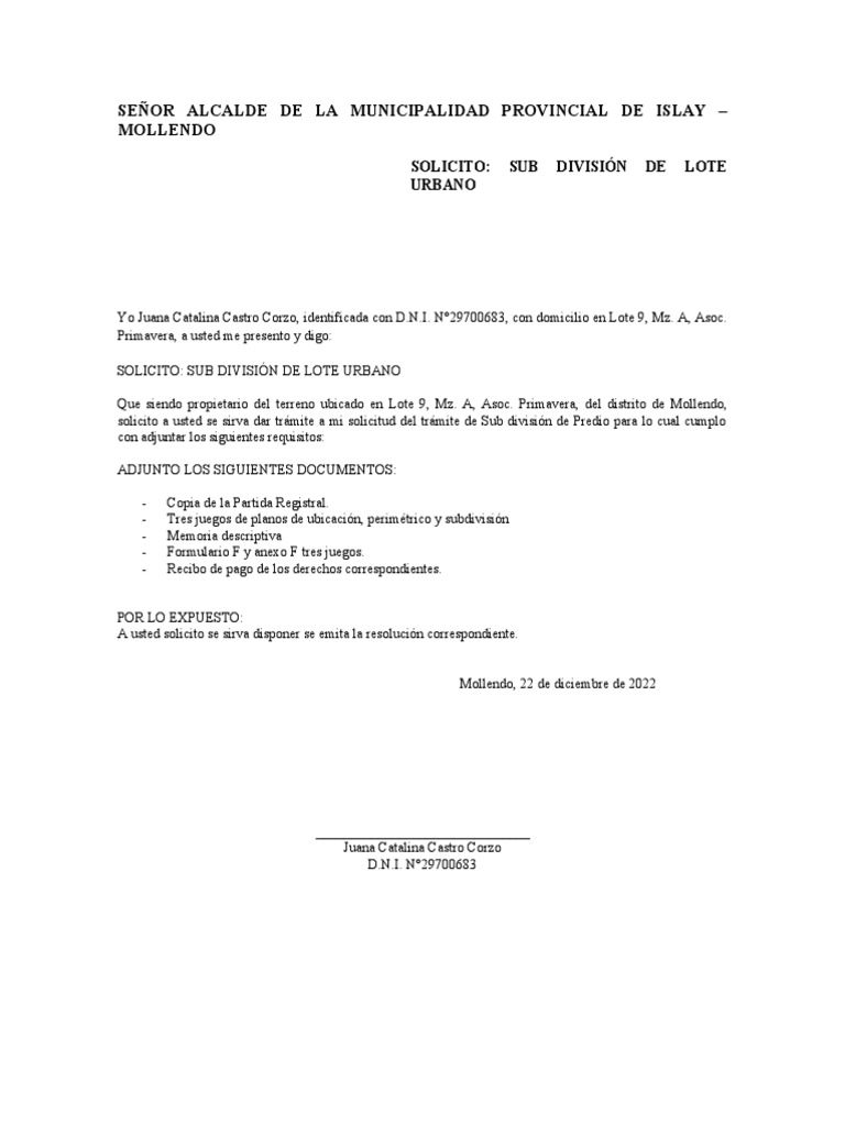 Solicitud de Subdivisión de Lote Urbano | PDF | Política | Derecho