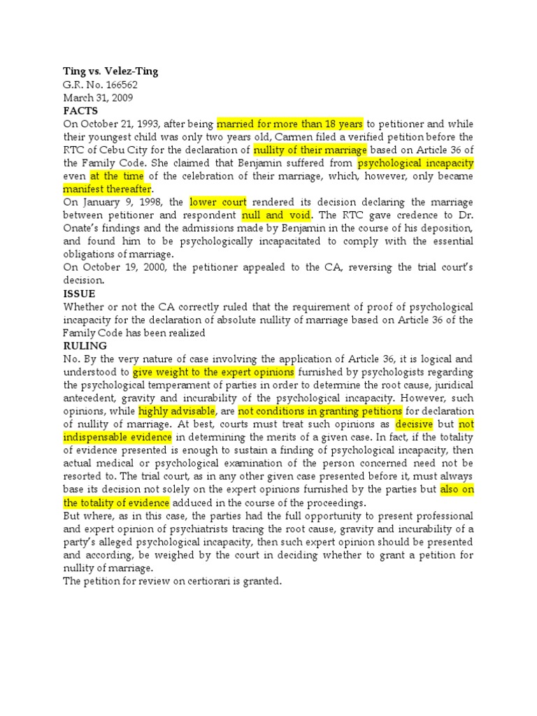 Ting vs. Velez-Ting - Case Digests | PDF | Annulment | Marriage