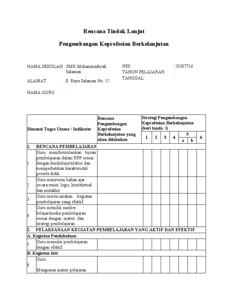 Rencana Tindak Lanjut Pengembangan Keprofesian Berkelanjutan | PDF