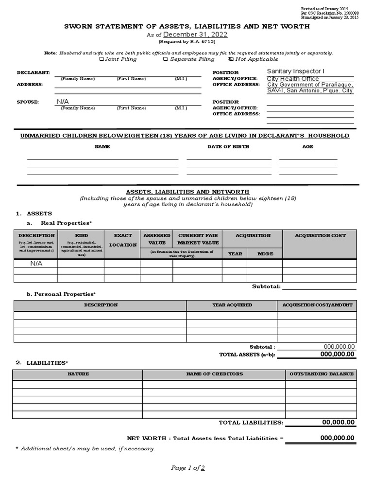Saln Template 2022 | PDF | Net Worth | Economies