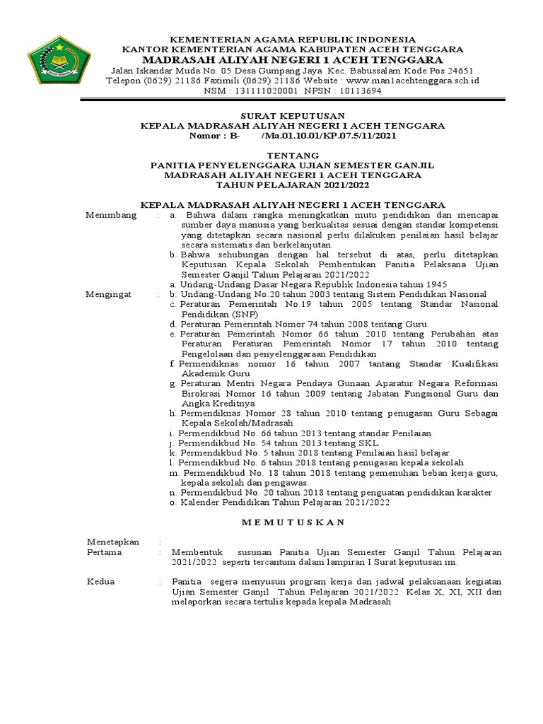 SK Ujian Semester Ganjil 2021 - 2022 | PDF