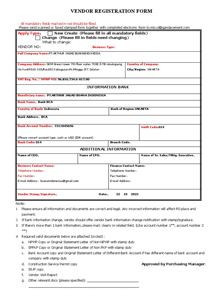 Vendor Registration Form | Download Free PDF | Service Industries