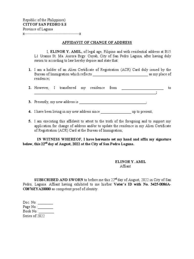 Affidavit of Change of Address (Alien Certificate of Registration) | PDF