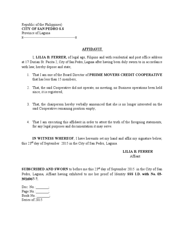 Affidavit of Non-Operation of Credit Cooperative | PDF