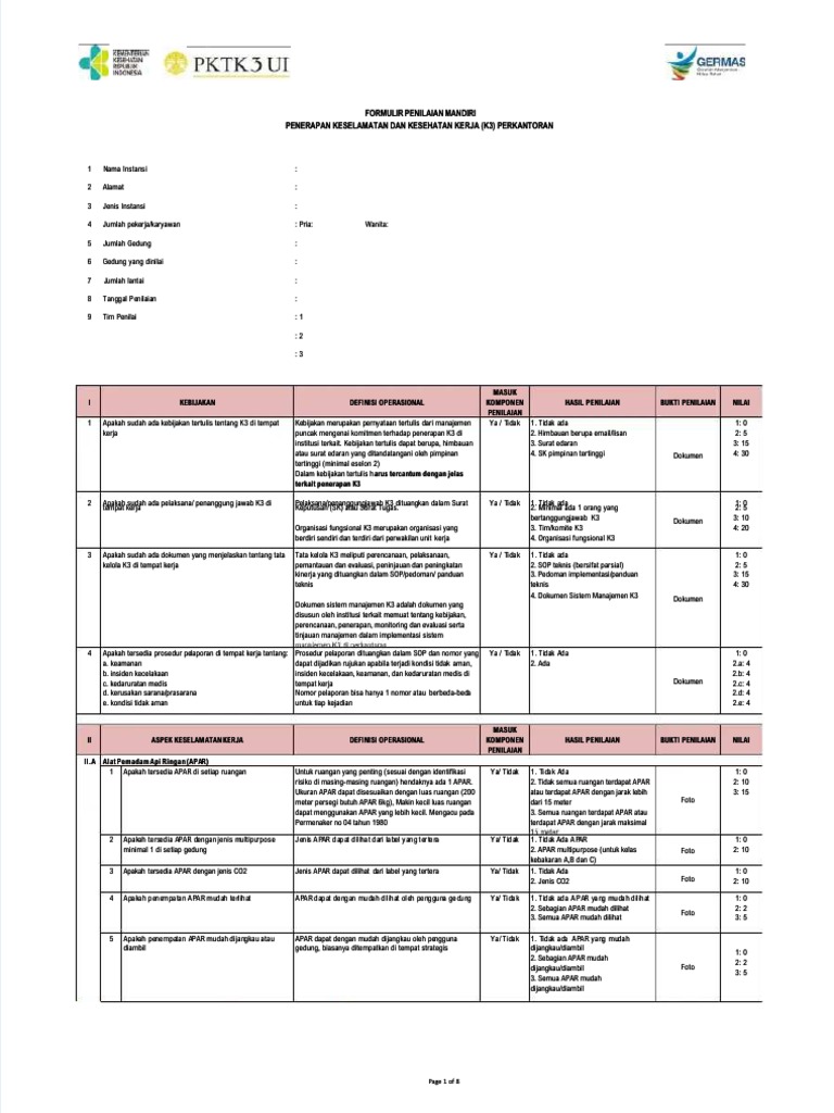 PDF Form Penilaian Mandiri k3 Perkantoran Compress | PDF