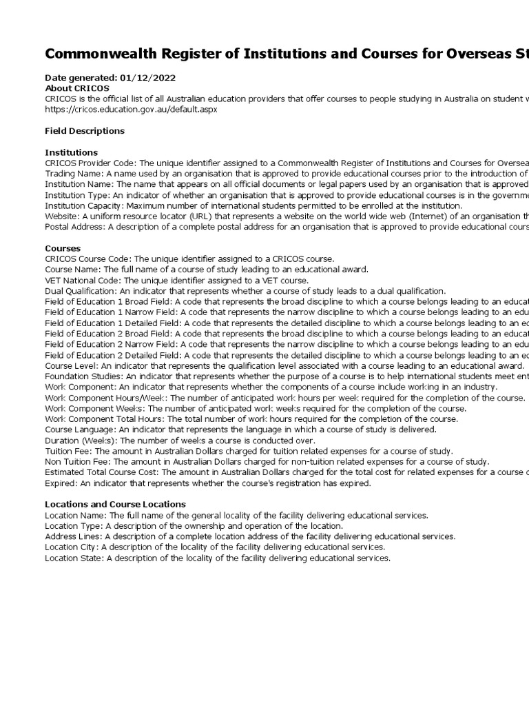 2022 12 01 Cricos Providers Courses and Locations | PDF | Australia ...