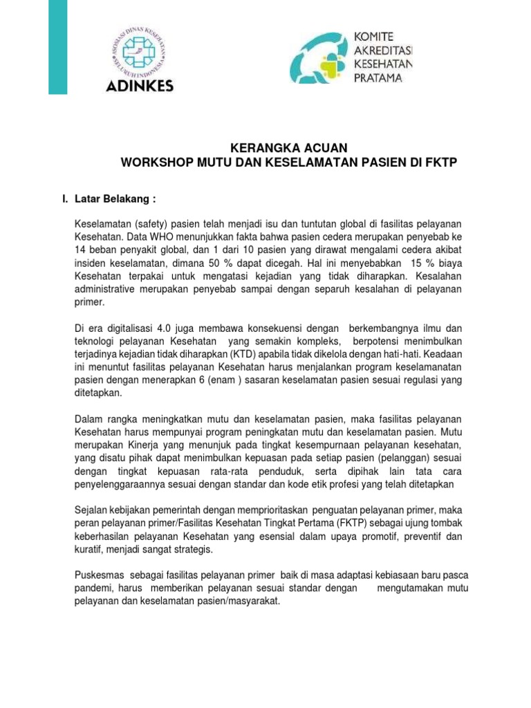 TOR Workshop Mutu Dan Keselamatan Pasien 1-2 Juli 2022 | PDF | Sains & Matematika