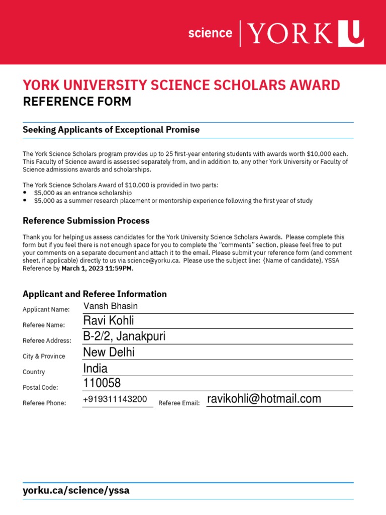 YSSA Reference Form 2023 Fillable | PDF | Emotional Intelligence ...