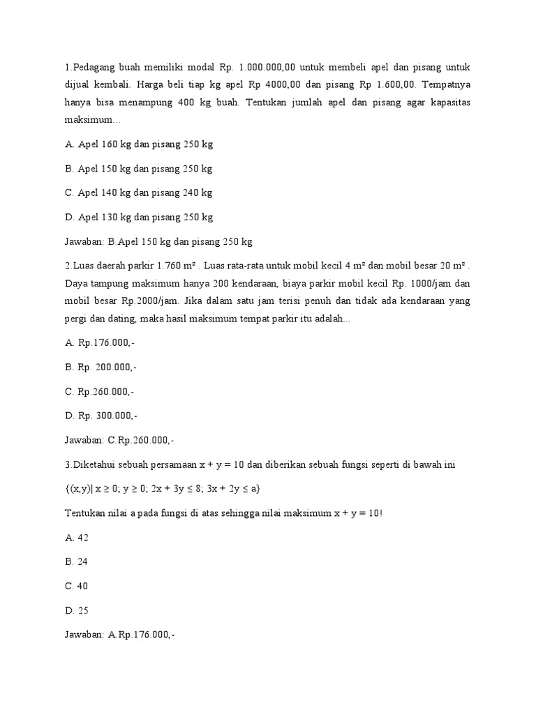 Optimasi Linear: Solusi dan Pembahasan Soal Matematika | PDF | Metode & Bahan Ajar