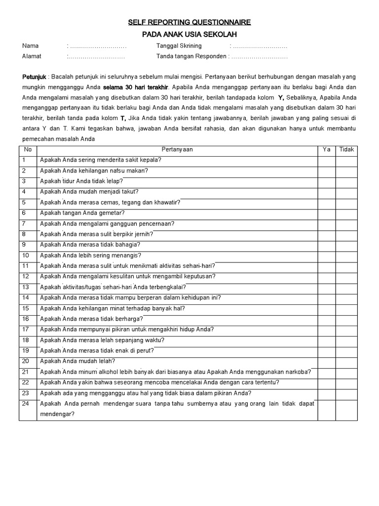 Format Skrining SDQ Anak Sekolah | PDF